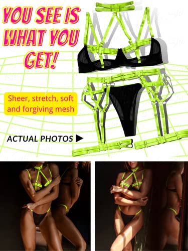 Kaei&Shi Garter Lingerie For Women,Glow In The Dark Blacklight Strappy Underwire Choker Sexy Lingerie,Adjustable Straps Sheer Thong Belt Matching 4 Piece Lingerie Set Boudoir Neon Green Medium