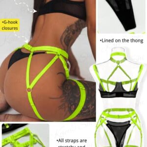 Kaei&Shi Garter Lingerie For Women,Glow In The Dark Blacklight Strappy Underwire Choker Sexy Lingerie,Adjustable Straps Sheer Thong Belt Matching 4 Piece Lingerie Set Boudoir Neon Green Medium