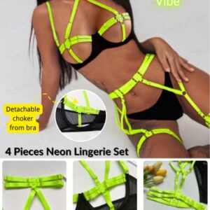 Kaei&Shi Garter Lingerie For Women,Glow In The Dark Blacklight Strappy Underwire Choker Sexy Lingerie,Adjustable Straps Sheer Thong Belt Matching 4 Piece Lingerie Set Boudoir Neon Green Medium