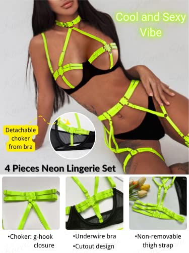 Kaei&Shi Garter Lingerie For Women,Glow In The Dark Blacklight Strappy Underwire Choker Sexy Lingerie,Adjustable Straps Sheer Thong Belt Matching 4 Piece Lingerie Set Boudoir Neon Green Medium