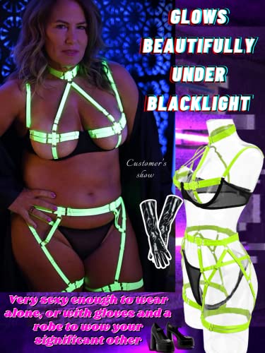 Kaei&Shi Garter Lingerie For Women,Glow In The Dark Blacklight Strappy Underwire Choker Sexy Lingerie,Adjustable Straps Sheer Thong Belt Matching 4 Piece Lingerie Set Boudoir Neon Green Medium