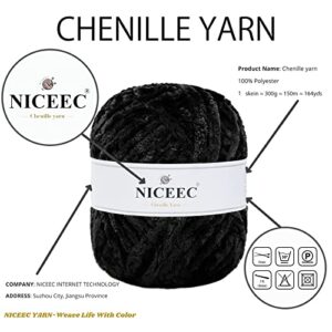 NICEEC 300g Soft Chenille Yarn Blanket Yarn Velvet Yarn for Knitting Fancy Yarn for Crochet Weaving DIY Craft Total Length 150m (164yds)_Black