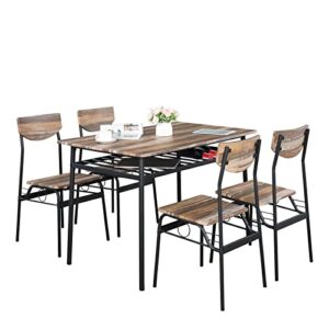 karl home 5-piece dining table set for 4, rectangular table and 4 chairs, farmhouse table set for kitchen & dining room, industrial metal frame & storage rack, save space (natural)