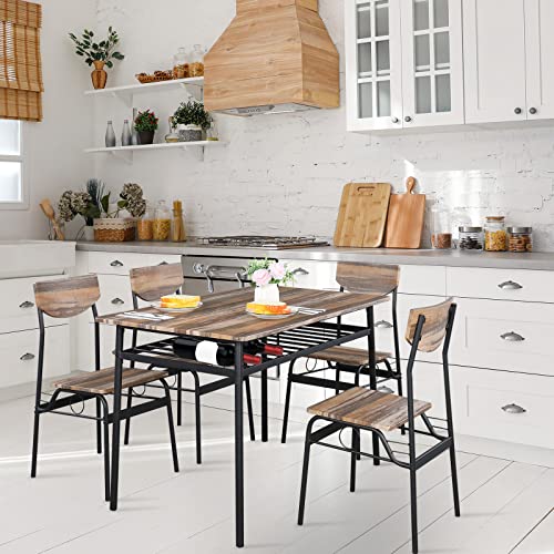 Karl home 5-Piece Dining Table Set for 4, Rectangular Table and 4 Chairs, Farmhouse Table Set for Kitchen & Dining Room, Industrial Metal Frame & Storage Rack, Save Space (Natural)