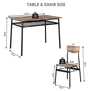 Karl home 5-Piece Dining Table Set for 4, Rectangular Table and 4 Chairs, Farmhouse Table Set for Kitchen & Dining Room, Industrial Metal Frame & Storage Rack, Save Space (Natural)