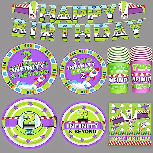 METIXOZE Two Infinity and Beyond Birthday Decorations Buzz Cartoon Light inspired Year Toy Inspired Story Birthday Party Supplies 2nd Birthday include Banner Table Cloth Plate Napkins and Cups