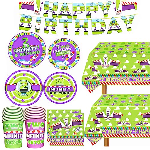 METIXOZE Two Infinity and Beyond Birthday Decorations Buzz Cartoon Light inspired Year Toy Inspired Story Birthday Party Supplies 2nd Birthday include Banner Table Cloth Plate Napkins and Cups