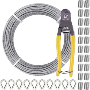 rectoo 200ft 1/8" stainless steel cable with cable cutters, 7x7 strands stainless steel wire rope construction, wire rope aircraft cable for deck railing stair handrail balusters porch fence