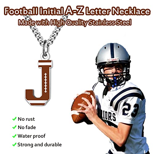 AIAINAGI Football Initial A-Z Letter Necklace for Boys Football Charm Pendant Stainless Steel Silver Chain 22inch Personalized Football Gift for Men Women Girls(J)