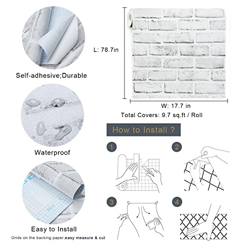 Timeet Brick Wallpaper Peel and Stick Wallpaper White Grey Brick Contact Paper 3D Brick Wall Paper Stick and Peel Wallpaper Removable for Bedroom Living Room Decoration 17.7in x 78.7in