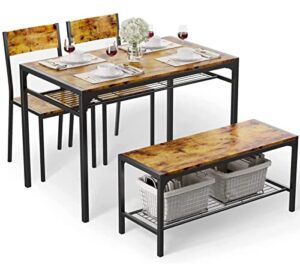 gizoon kitchen table and 2 chairs for 4 with bench, 4 piece dining table set for small space, apartment (rustic brown)