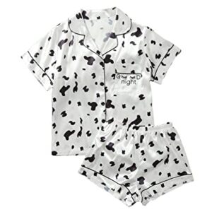 WDIRARA Women's Sleepwear Cow Print Satin Short Sleeve Shirt and Shorts Pajama Set Black and White L