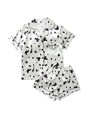 WDIRARA Women's Sleepwear Cow Print Satin Short Sleeve Shirt and Shorts Pajama Set Black and White L