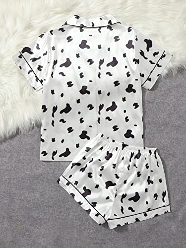 WDIRARA Women's Sleepwear Cow Print Satin Short Sleeve Shirt and Shorts Pajama Set Black and White L