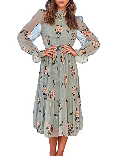 ANRABESS Women's Ruffle Midi Dress Floral Print Round Neck Long Sleeve Smocked Chiffon Dress A-Ling Swing Pleated Casual Dress 676luochenghua-S