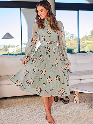 ANRABESS Women's Ruffle Midi Dress Floral Print Round Neck Long Sleeve Smocked Chiffon Dress A-Ling Swing Pleated Casual Dress 676luochenghua-S