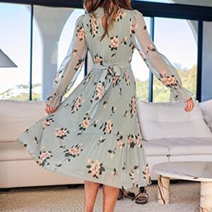 ANRABESS Women's Ruffle Midi Dress Floral Print Round Neck Long Sleeve Smocked Chiffon Dress A-Ling Swing Pleated Casual Dress 676luochenghua-S