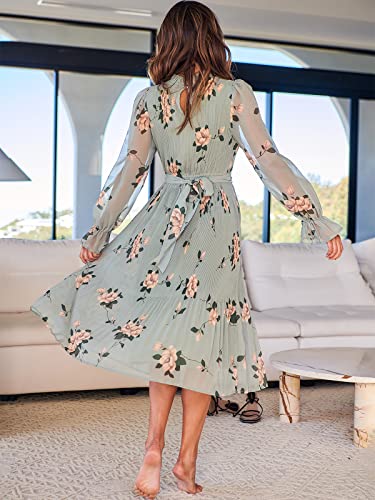 ANRABESS Women's Ruffle Midi Dress Floral Print Round Neck Long Sleeve Smocked Chiffon Dress A-Ling Swing Pleated Casual Dress 676luochenghua-S