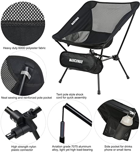 MARCHWAY Ultralight Folding Camping Chair, Heavy Duty Portable Compact for Outdoor Camp, Travel, Beach, Picnic, Festival, Hiking, Lightweight Backpacking (Black)