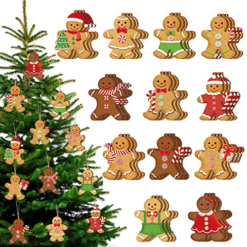 36pcs Christmas Wooden Gingerbread Man Ornaments Gingerbread Wood Ornament Ginger Man Christmas Tree Hanging Decorations Gingerbread Figurines Pendant Presents for Xmas Home Party Favor Supplies