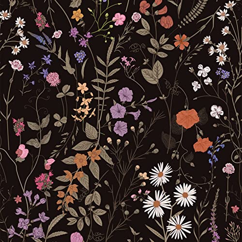 JiffDiff Dark Wild Flowers Wallpaper, Farm Floral, Peel and Stick, Self Adhesive Daisy Wall Stick 17.3"x118" Covering 14sq.ft