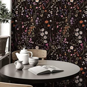 JiffDiff Dark Wild Flowers Wallpaper, Farm Floral, Peel and Stick, Self Adhesive Daisy Wall Stick 17.3"x118" Covering 14sq.ft