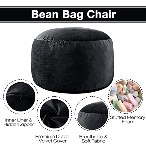 EDUJIN 3 ft Bean Bag Chair: 3' Memory Foam Bean Bag Chairs for Adults/Teens with Filling,Ultra Soft Dutch Velvet Cover, Round Fluffy Lazy Sofa for Living Room - 3Foot,Black