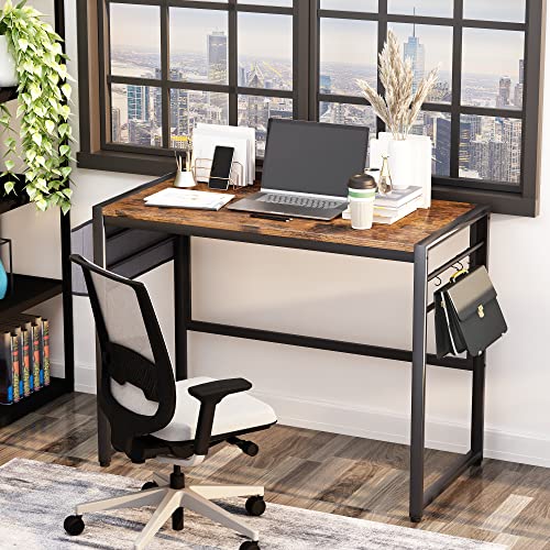 AWQM Computer Desk 39-Inch Writing Desk Home Office Small Study Workstation Industrial Style PC Laptop Table with Storage Bag and 4 Bars, Retro Brown and Black