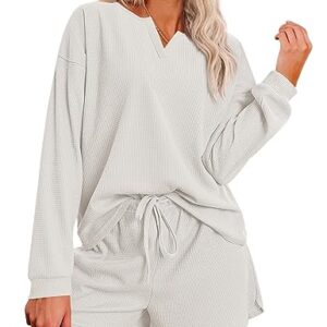 Ekouaer Womens Waffle Knit Long Sleeve Top and Shorts Loungewear Thick Pajama Set, White, Small