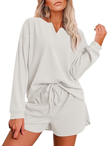 Ekouaer Womens Waffle Knit Long Sleeve Top and Shorts Loungewear Thick Pajama Set, White, Small