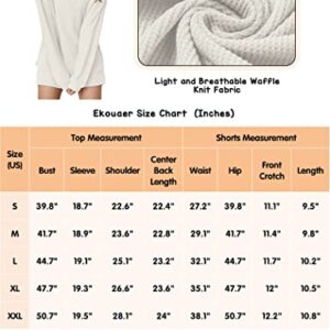 Ekouaer Womens Waffle Knit Long Sleeve Top and Shorts Loungewear Thick Pajama Set, White, Small