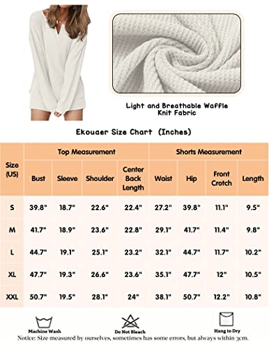 Ekouaer Womens Waffle Knit Long Sleeve Top and Shorts Loungewear Thick Pajama Set, White, Small