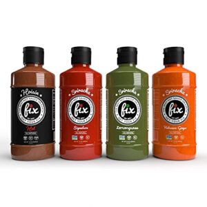 fix hot sauce variety pack - signature sriracha sauce, lemongrass sriracha, habanero ginger, & hot hoisin sauce - non gmo, vegan, gluten free, great on pizza, hamburgers & tacos - 10 oz, 4-pack