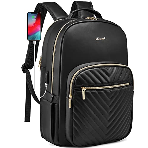 LOVEVOOK Laptop Backpack for Women, Leather Business Work Backpack Purse, Fashion Travel Bag with USB Charging Port, Waterproof Professor Bagpack, 15.6 Inch Weekend Daypack, Black