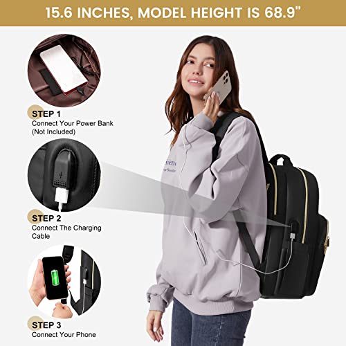 LOVEVOOK Laptop Backpack for Women, Leather Business Work Backpack Purse, Fashion Travel Bag with USB Charging Port, Waterproof Professor Bagpack, 15.6 Inch Weekend Daypack, Black