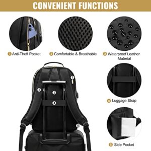 LOVEVOOK Laptop Backpack for Women, Leather Business Work Backpack Purse, Fashion Travel Bag with USB Charging Port, Waterproof Professor Bagpack, 15.6 Inch Weekend Daypack, Black