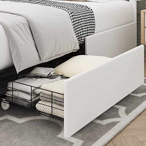 Keyluv Upholstered Queen Bed Frame with 4 Storage Drawers, Platform Bed with Curved Button Tufted Headboard with Nailhead Trim, Solid Wooden Slats Support, No Box Spring Needed, Off White