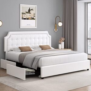 Keyluv Upholstered Queen Bed Frame with 4 Storage Drawers, Platform Bed with Curved Button Tufted Headboard with Nailhead Trim, Solid Wooden Slats Support, No Box Spring Needed, Off White