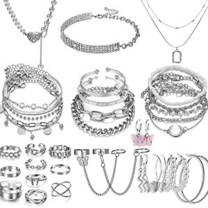 17IF 37 Pcs 14K Silver Plated Jewelry Set for Women 14 Rings 4 Necklace 14 Bracelet and 5 Pair Earring, Indie Stackable Accessories Adjustable Jewerly Pack for Teenage Girl Friendship Gift