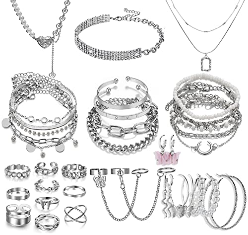 17IF 37 Pcs 14K Silver Plated Jewelry Set for Women 14 Rings 4 Necklace 14 Bracelet and 5 Pair Earring, Indie Stackable Accessories Adjustable Jewerly Pack for Teenage Girl Friendship Gift