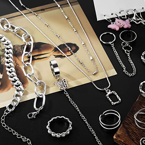 17IF 37 Pcs 14K Silver Plated Jewelry Set for Women 14 Rings 4 Necklace 14 Bracelet and 5 Pair Earring, Indie Stackable Accessories Adjustable Jewerly Pack for Teenage Girl Friendship Gift