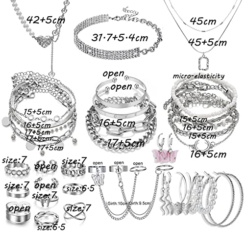 17IF 37 Pcs 14K Silver Plated Jewelry Set for Women 14 Rings 4 Necklace 14 Bracelet and 5 Pair Earring, Indie Stackable Accessories Adjustable Jewerly Pack for Teenage Girl Friendship Gift