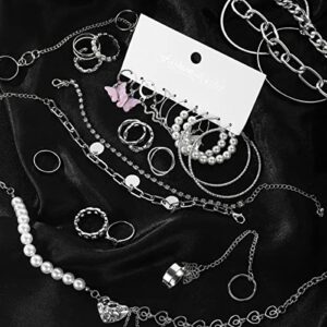 17IF 37 Pcs 14K Silver Plated Jewelry Set for Women 14 Rings 4 Necklace 14 Bracelet and 5 Pair Earring, Indie Stackable Accessories Adjustable Jewerly Pack for Teenage Girl Friendship Gift