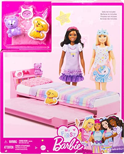 Barbie My First Barbie Doll House Furniture, Bedtime Playset with Trundle Bed, Plush Puppy & Accessories, Toys for Little Kids, 13.5-inch Scale