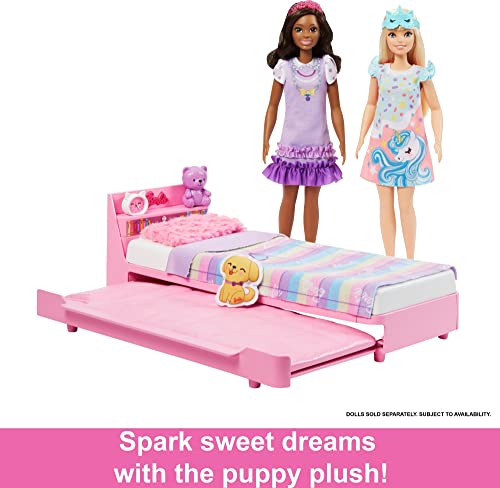 Barbie My First Barbie Doll House Furniture, Bedtime Playset with Trundle Bed, Plush Puppy & Accessories, Toys for Little Kids, 13.5-inch Scale