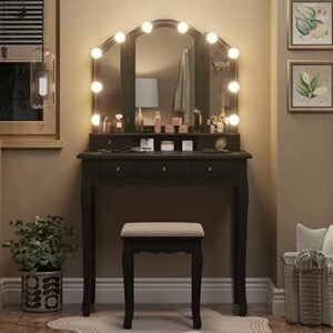 tiptiper vanity desk, makeup vanity with lighted tri-fold mirror and stool, vanity set with 5 drawers, 3 light settings & adjustable brightness, black