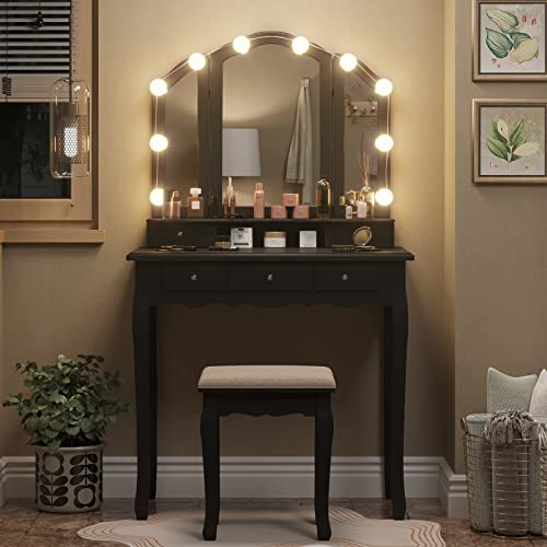 Tiptiper Vanity Desk, Makeup Vanity with Lighted Tri-fold Mirror and Stool, Vanity Set with 5 Drawers, 3 Light Settings & Adjustable Brightness, Black