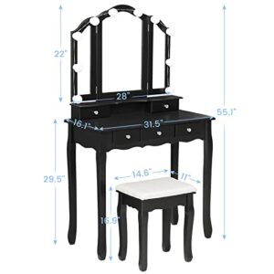 Tiptiper Vanity Desk, Makeup Vanity with Lighted Tri-fold Mirror and Stool, Vanity Set with 5 Drawers, 3 Light Settings & Adjustable Brightness, Black