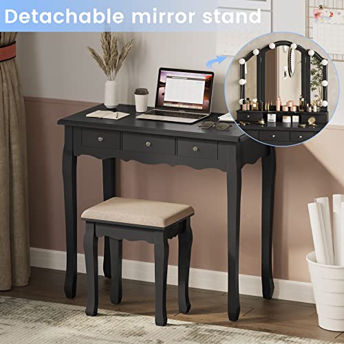 Tiptiper Vanity Desk, Makeup Vanity with Lighted Tri-fold Mirror and Stool, Vanity Set with 5 Drawers, 3 Light Settings & Adjustable Brightness, Black