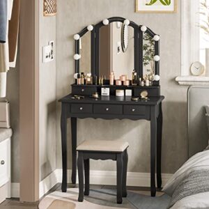 Tiptiper Vanity Desk, Makeup Vanity with Lighted Tri-fold Mirror and Stool, Vanity Set with 5 Drawers, 3 Light Settings & Adjustable Brightness, Black